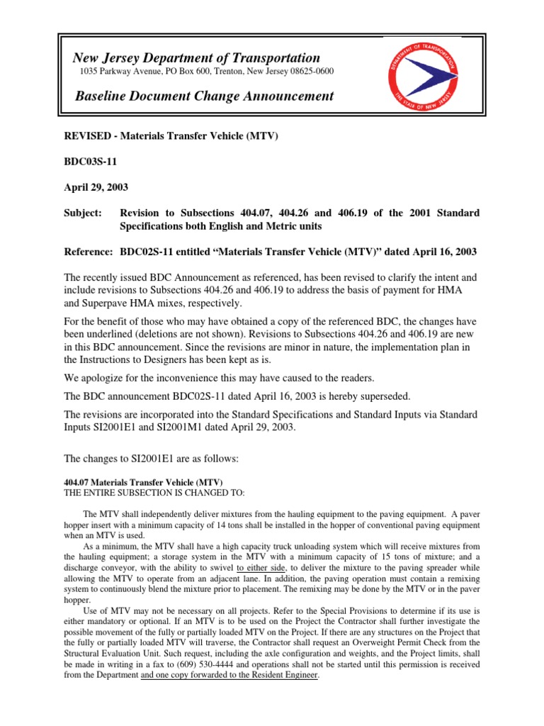 New Jersey Department of Transportation Baseline Document Change ...