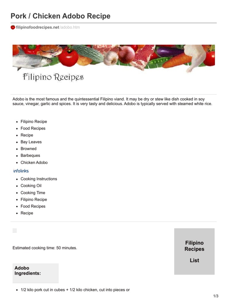 Pork Chicken Adobo Recipe | PDF | Philippine Cuisine | Western Cuisine