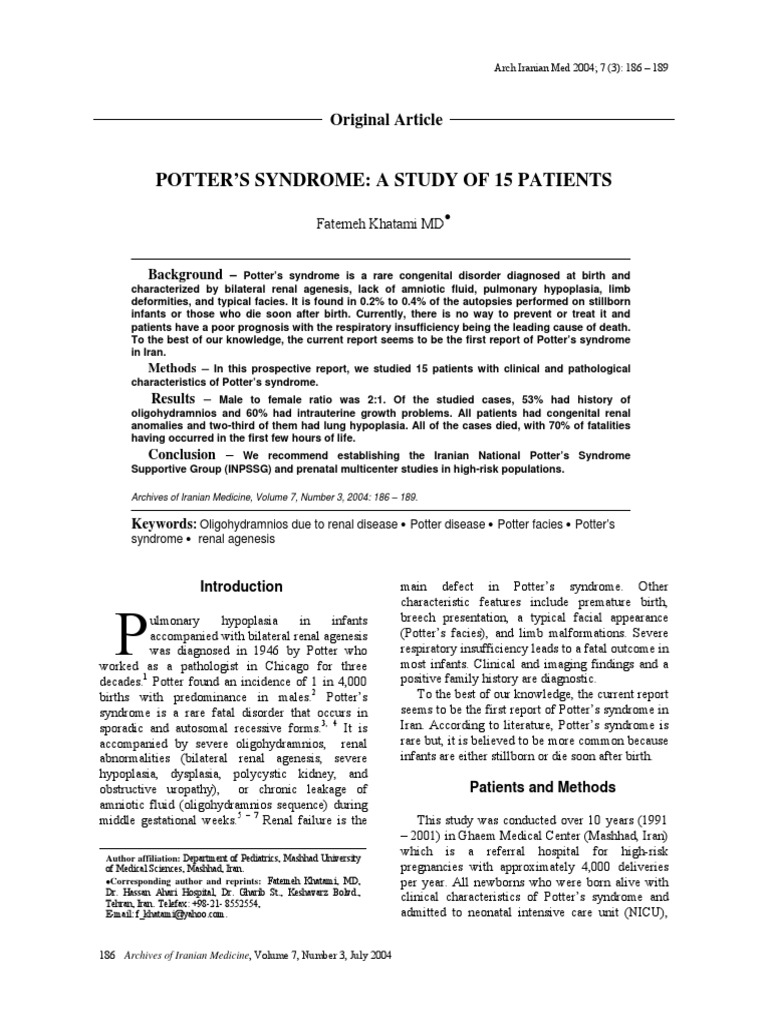 Potter'S Syndrome: A Study of 15 Patients: Original Article | PDF ...