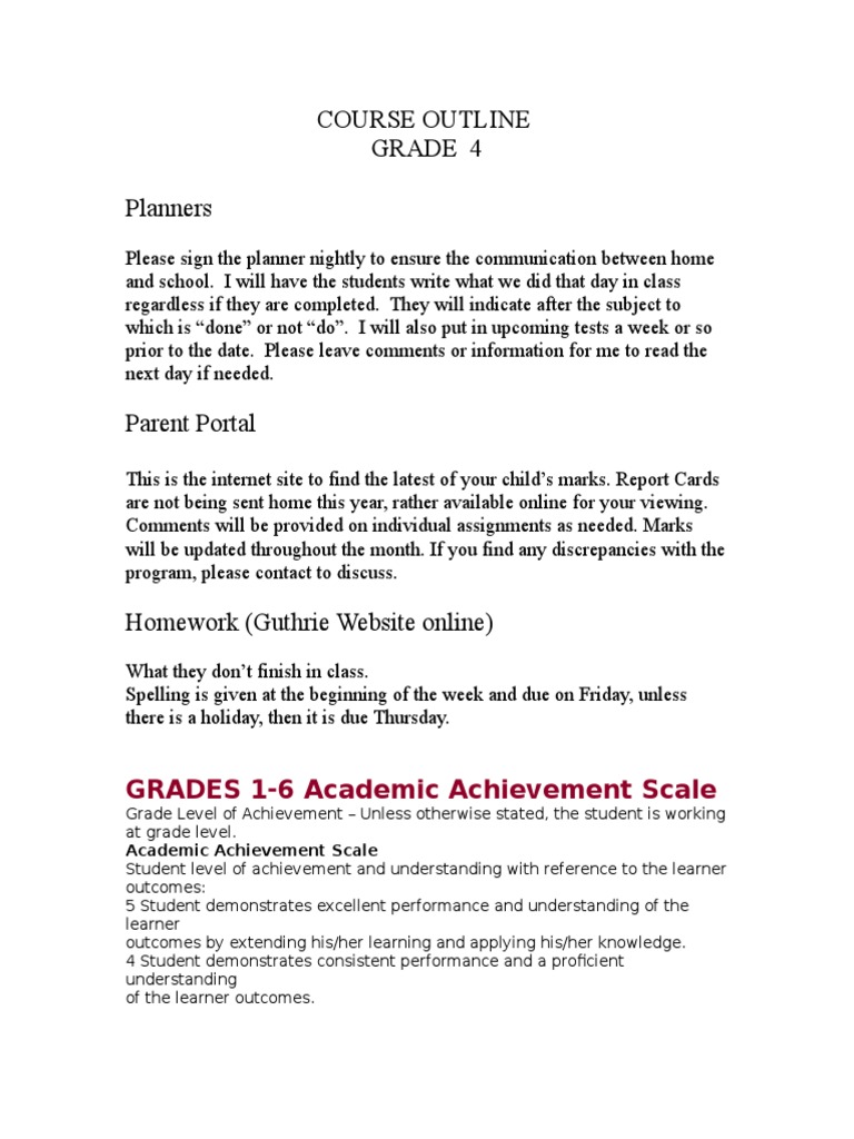 Course Outline Grade 4 Planners: GRADES 1-6 Academic Achievement Scale ...