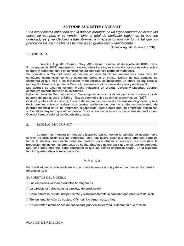 Modelo De Cournot Pdf Marketing Ciencias Económicas