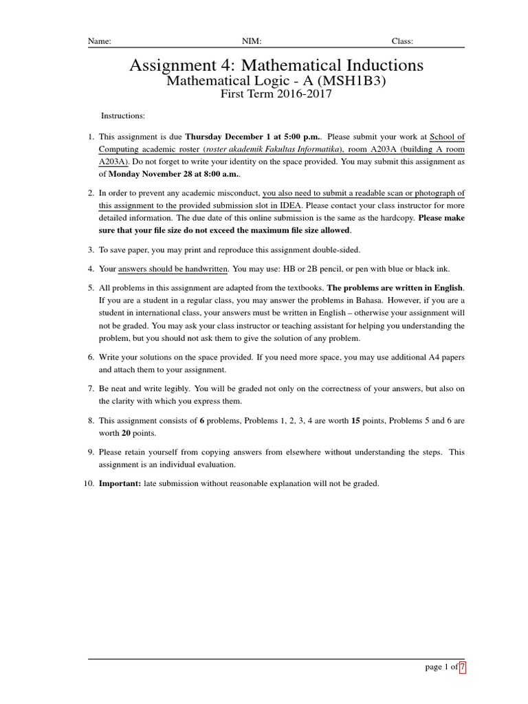 Assignment 4: Mathematical Inductions: Mathematical Logic - A (MSH1B3 ...