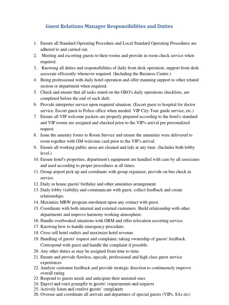 Guest Relations Manager Responsibilities and Duties | PDF | Hotel ...