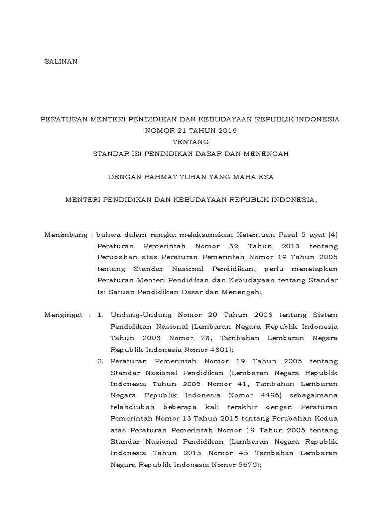 Permendikbud Nomor 21 Tahun 2016 Tentang Standar Isi Pendidikan Dasar ...