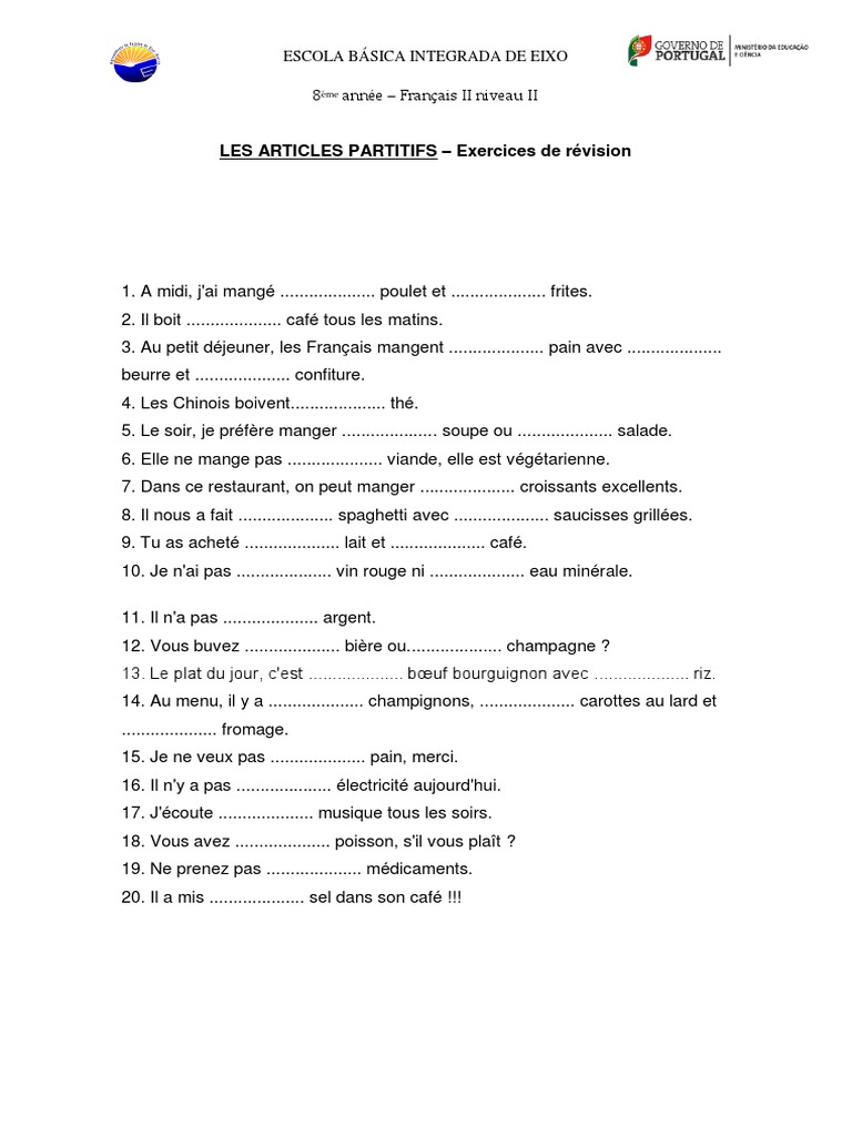 Exercices sur les articles partitifs | PDF