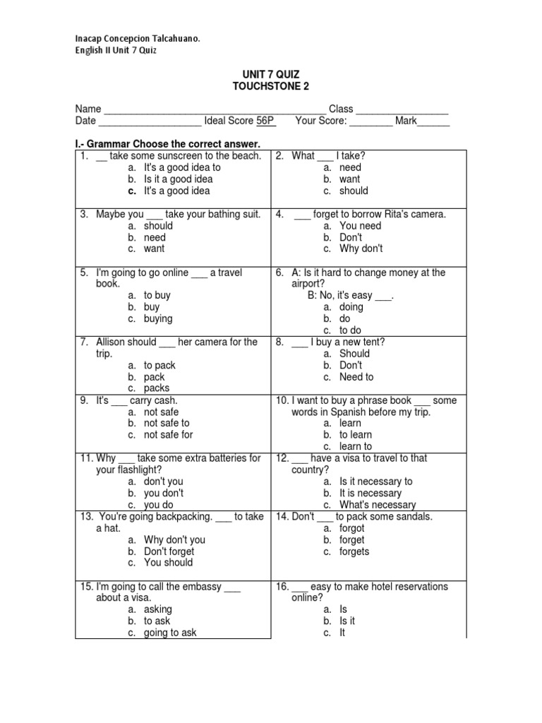 Unit 7 Quiz Touchstone 2 | PDF | Languages | Leisure Unit 7 Quiz Touchstone 2 | PDF | Languages | Leisure