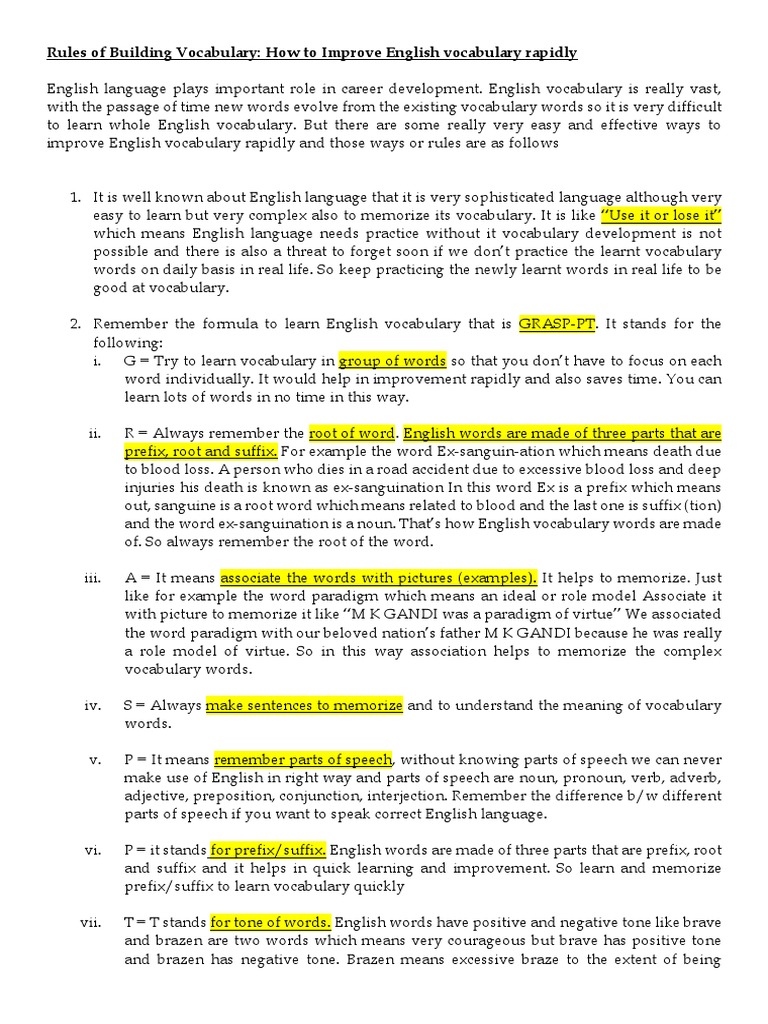 Rules of Building Vocabulary | PDF | Part Of Speech | English Language