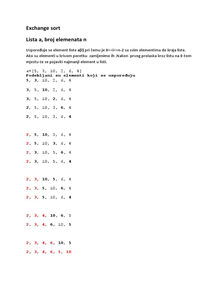 Exchange Sort Lista A, Broj Elemenata N | PDF