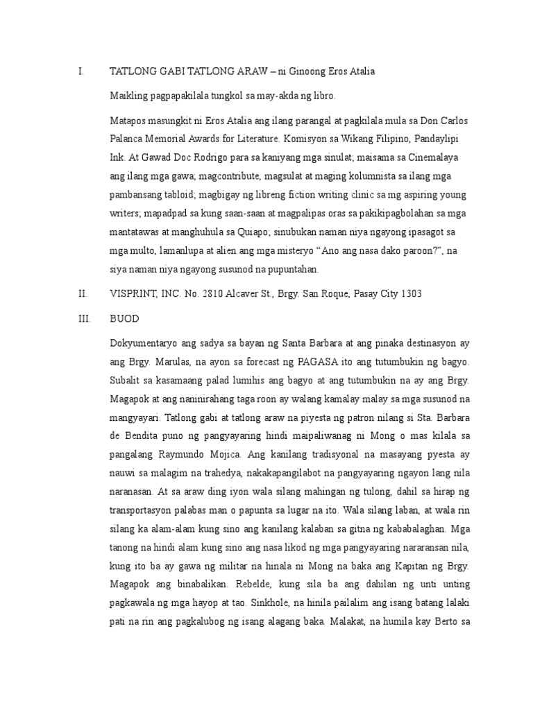 Book Review On Tatlong Araw Tatlong Gabi | PDF