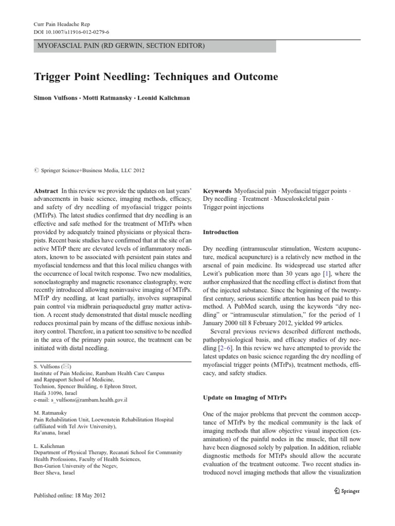 Dry Needling - Techniques Outcomes PDF | PDF | Myofascial Trigger Point ...