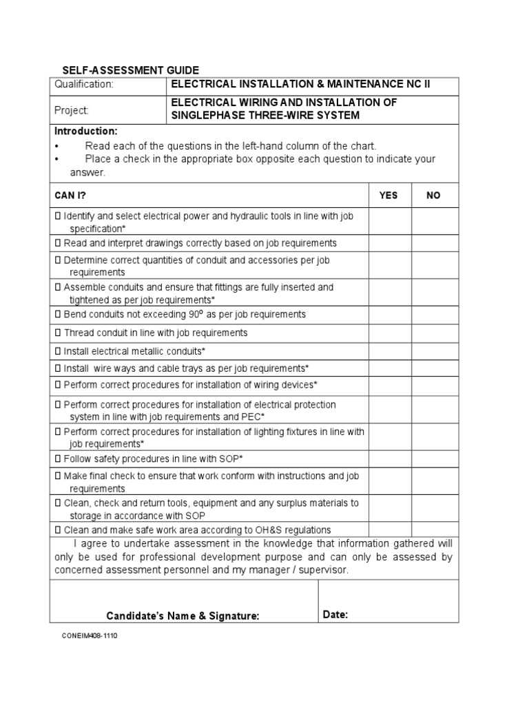 Self-Assessment Guide Electrical Installation & Maintenance NC Ii ...