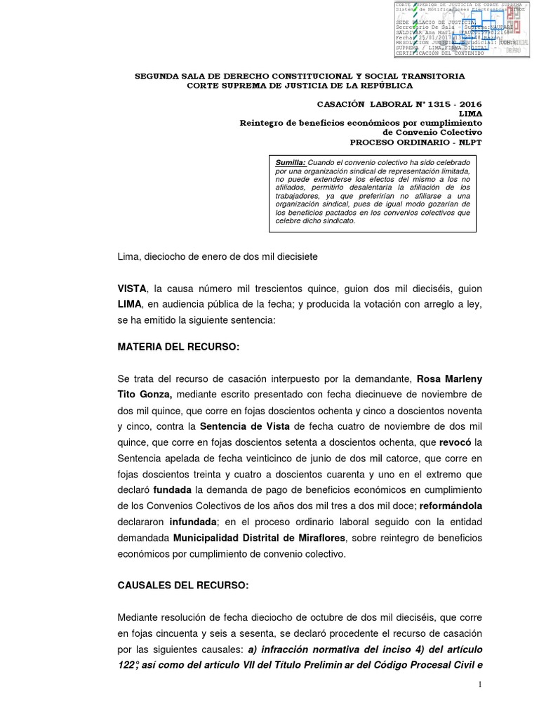 Casacion Laboral N° 1315-2016-Lima | Sindicato | Debido al proceso Casacion Laboral N° 1315-2016-Lima | Sindicato | Debido al proceso