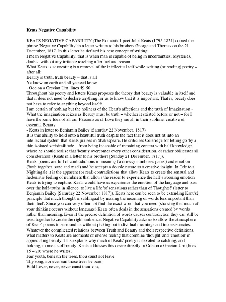 Keats Negative Capability | PDF | John Keats | Philosophical Theories