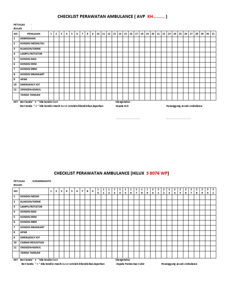 Checklist Perawatan Ambulance | PDF