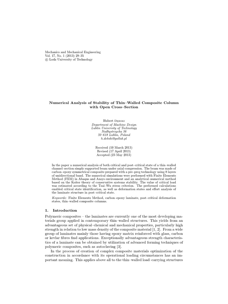 Numerical Analysis of Stability of Thin-Walled Composite Column With Open Cross-Section | PDF ...