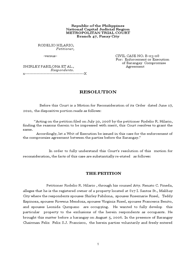 Petition For The Enforcement or Execution of Barangay Compromise Agreement: The Case of Hilario ...