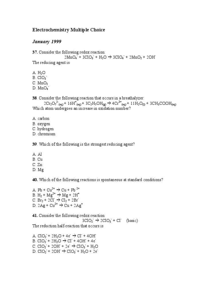 Chemistry 12 - Unit 5 - Electrochemistry (M.C.) | PDF | Redox ...