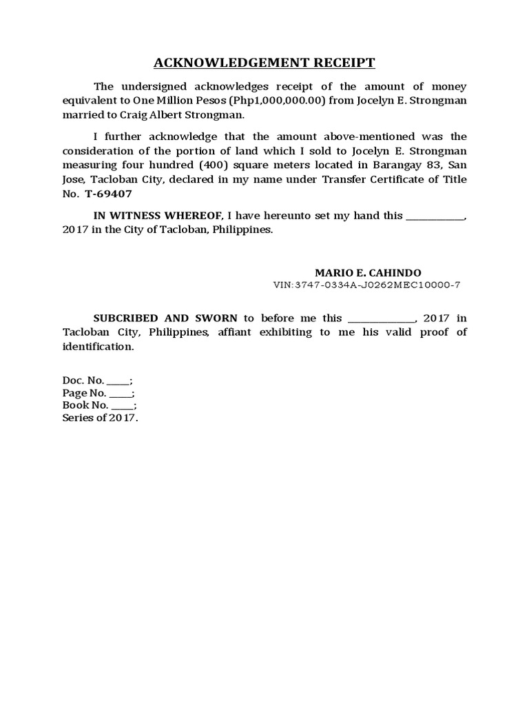Acknowledgement Receipt: IN WITNESS WHEREOF, I Have Hereunto Set My ...