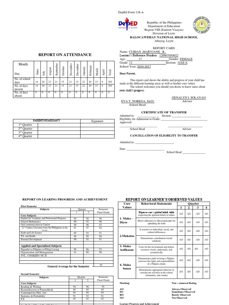 Form 138 | PDF | Philippines | Physical Education