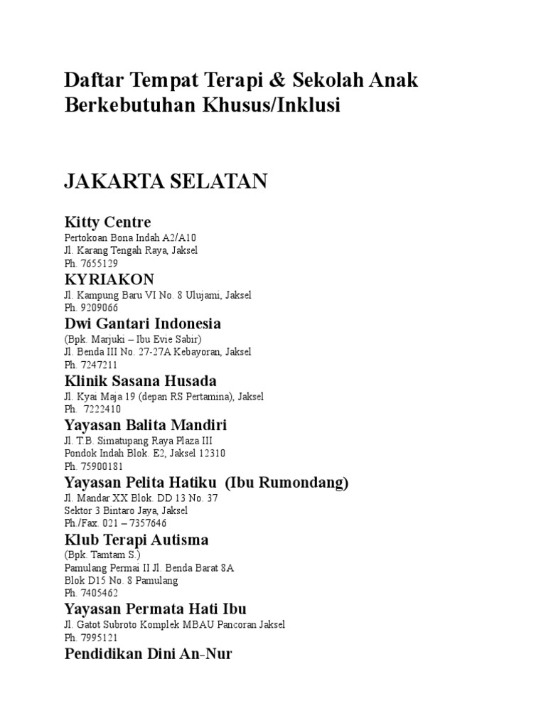 Daftar Tempat Terapi Dan Sekolah ABK Indonesia | PDF