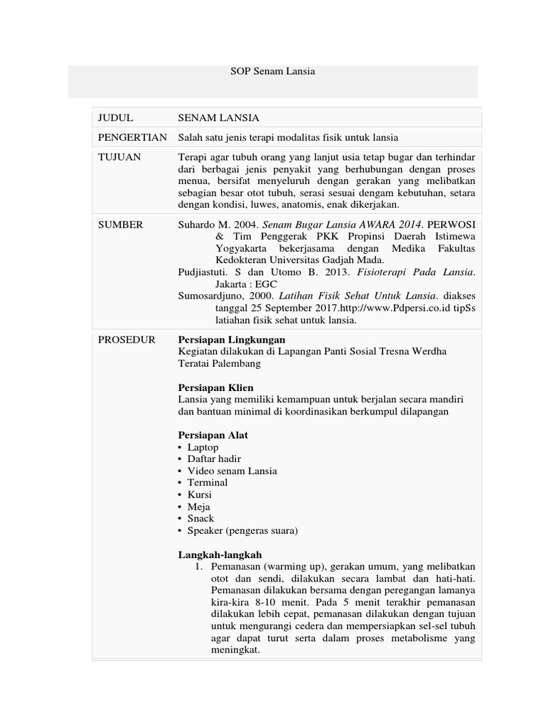 SOP Senam Lansia | PDF | Pengembangan Diri | Kesehatan Holistik