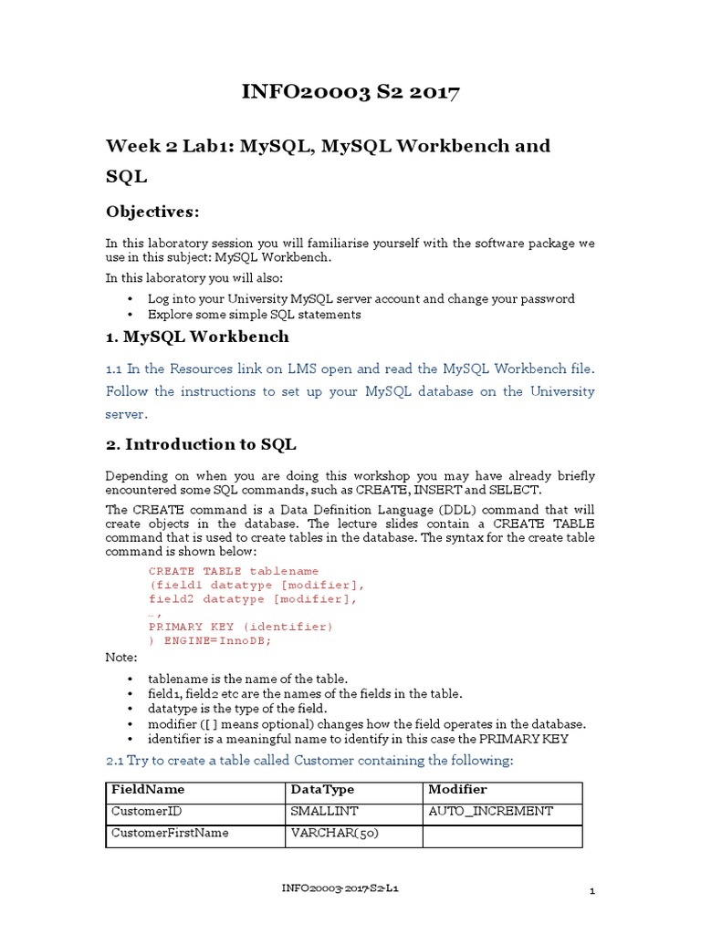 Info20003 S2 2017: Week 2 Lab1: Mysql, Mysql Workbench and SQL | PDF | Sql | Databases