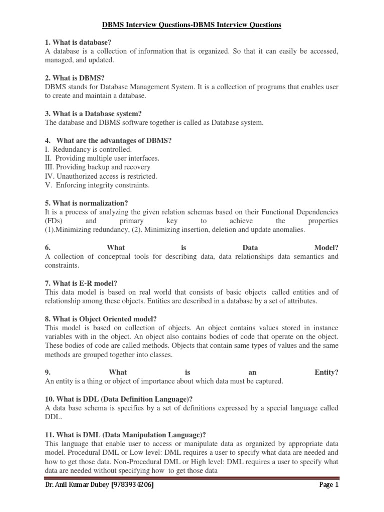 DBMS Interview Questions-DBMS Interview Questions: Dr. Anil Kumar Dubey ...