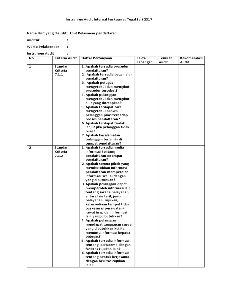 Instrumen Audit Internal Pendaftaran | PDF