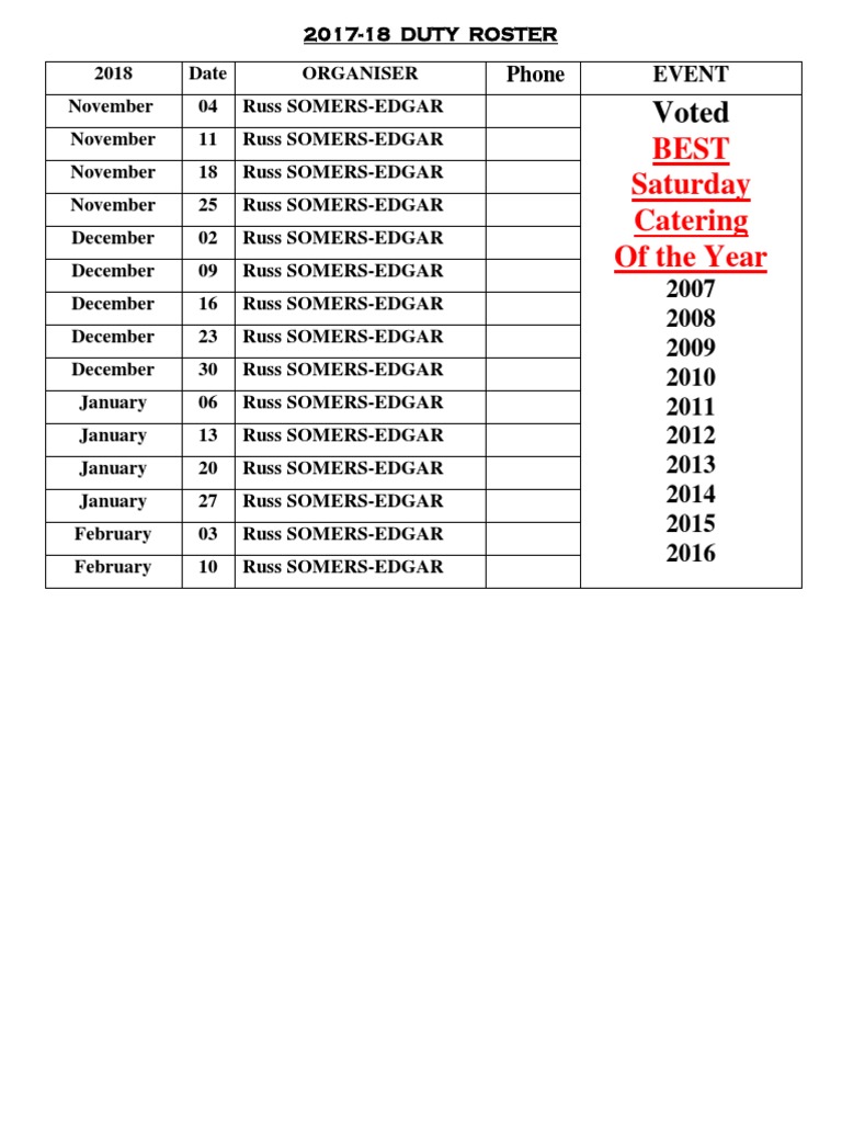 2017-18 Duty Roster Schedule | PDF