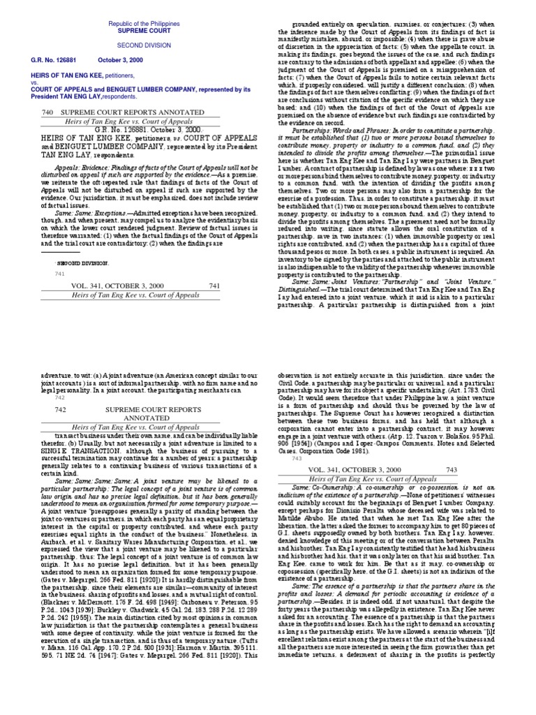 Hrs of Tan Eng Kee V CA | PDF | Partnership | Joint Venture