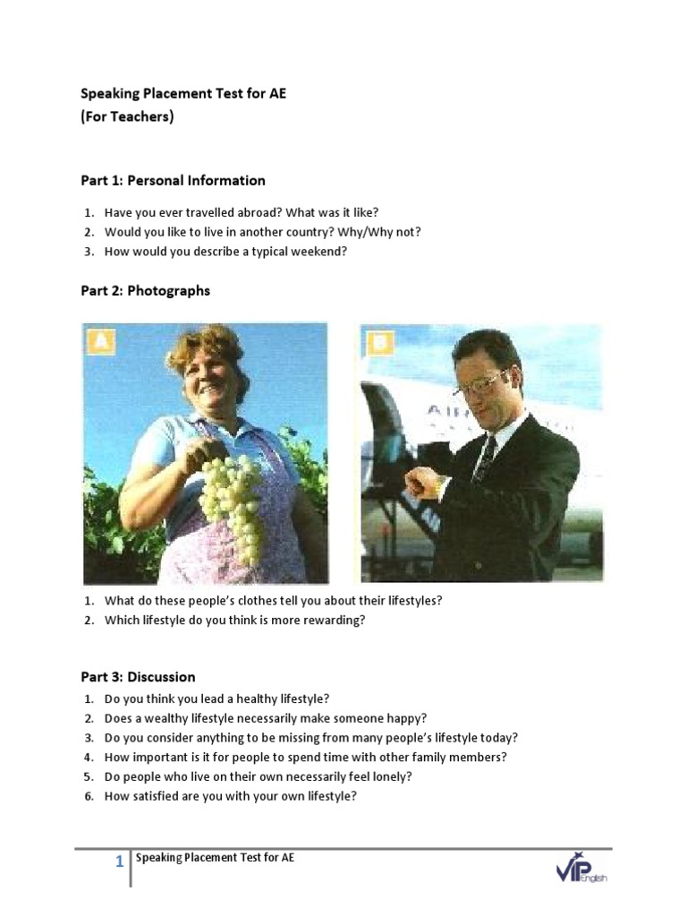 Speaking Placement Test For AE | PDF | Career & Growth | Lifestyle