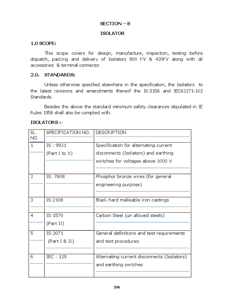 765 KV & 400 KV Isolators - Specification | PDF | Galvanization | Switch