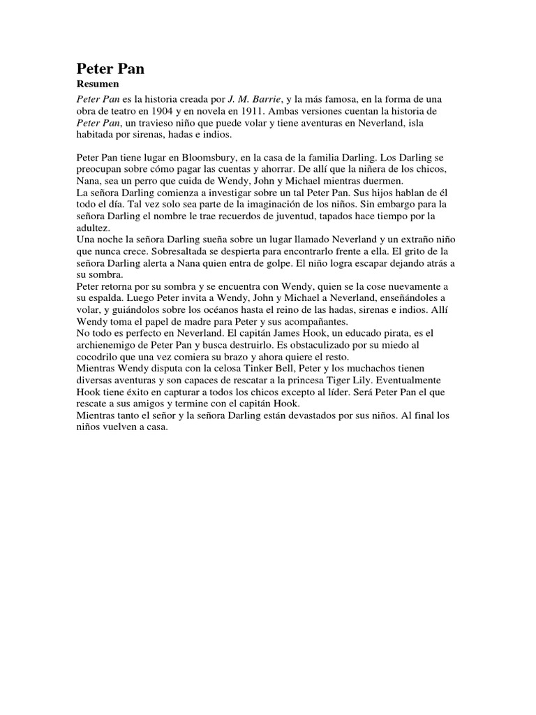Resumen de Peter Pan por capítulos | PDF | Peter Pan | Neverland