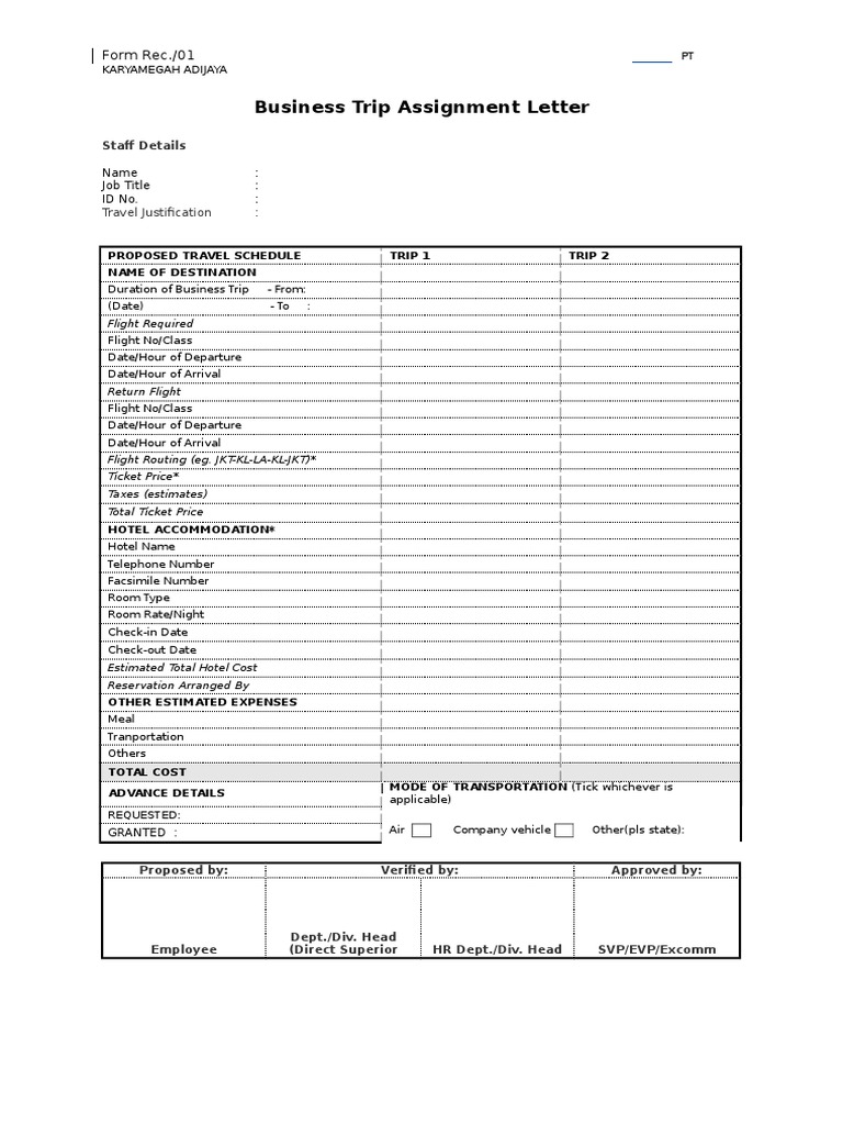 Business Trip Assignment Letter: Form Rec./01 | PDF