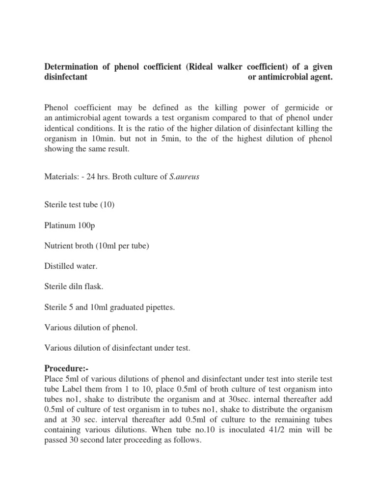 Phenol Coefficient Test Procedure | PDF | Wellness
