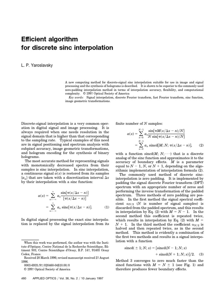 Efficient Algorithm For Discrete Sinc Interpolation L P Yaroslavsky