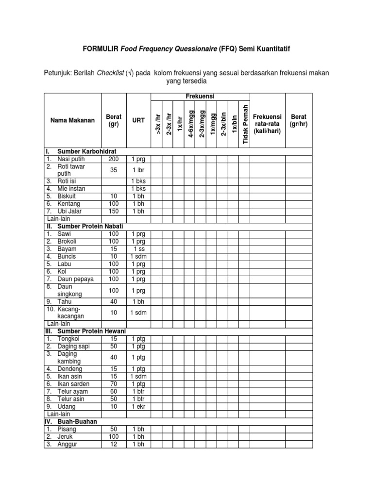 Formulir FFQ Semi Kuantitatif Gizi | PDF | Memasak, Makanan, & Anggur