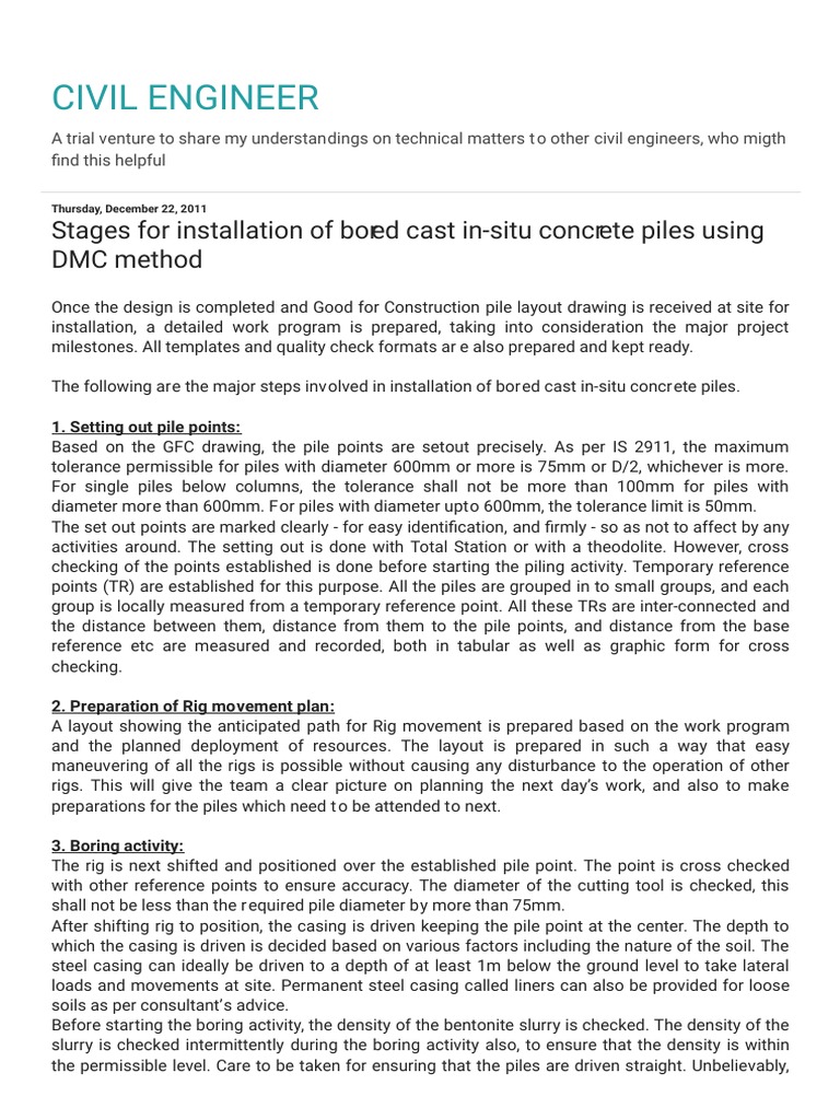 CIVIL ENGINEER - Stages For Installation of Bored Cast In-Situ Concrete ...