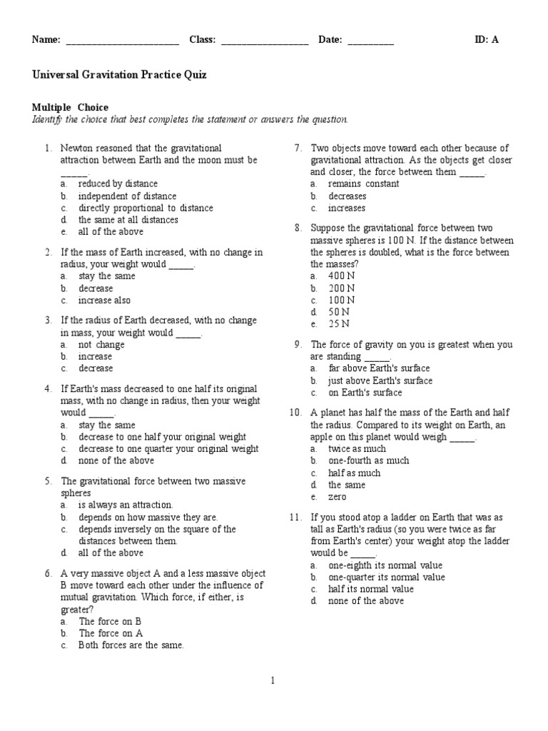 Universal Gravitation Practice Quiz | Download Free PDF | Gravity ...