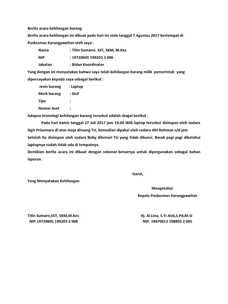 Berita Acara Kehilangan Barang | PDF
