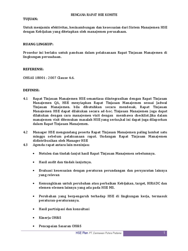 1.3. Rencana Rapat Hse Komite | PDF