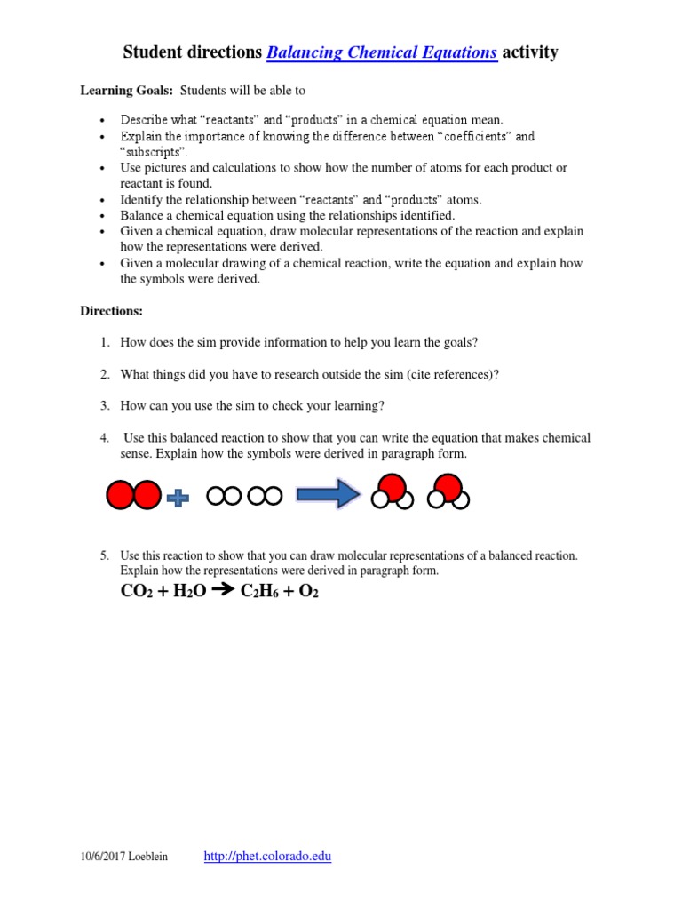 Balancing Chemical Equations Student Directions | PDF