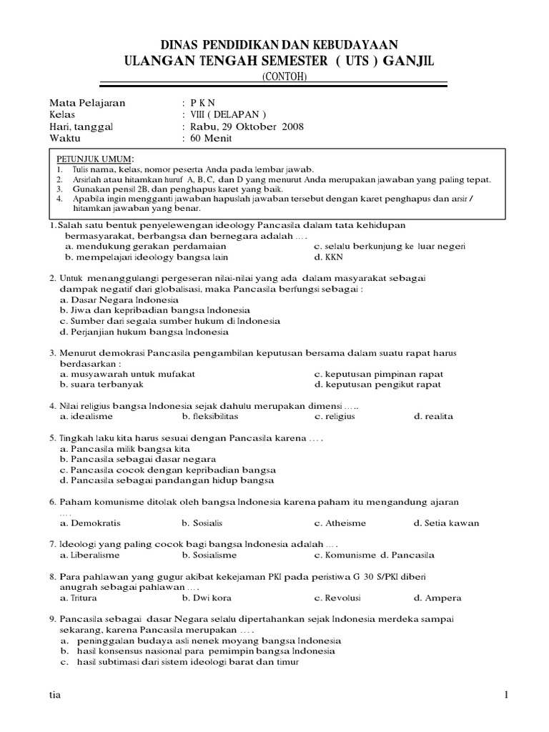 Contoh UTS Ganjil PKN Kelas 8 | PDF