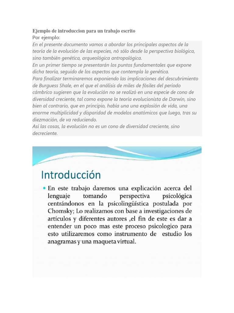 Ejemplo de Introduccion Para Un Trabajo Escrito | Evolución ...