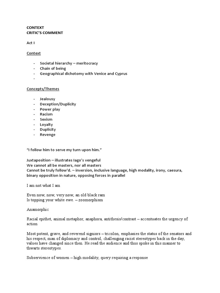 Othello Notes Pdf Iago Desdemona