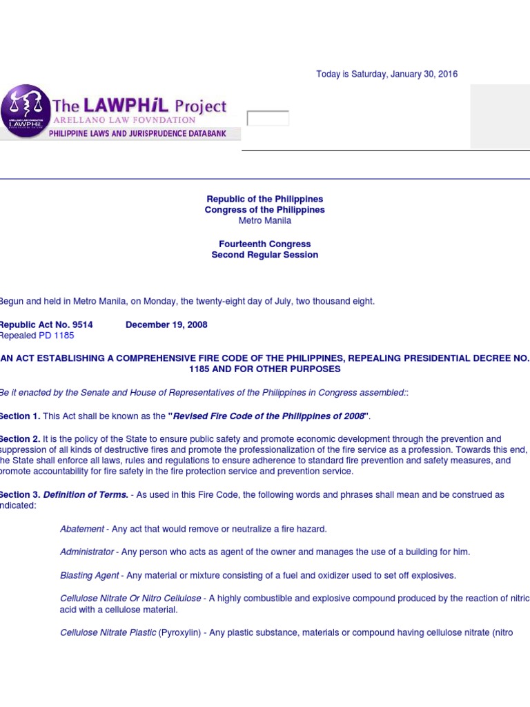 Republic of the Philippines Fire Code Summary | PDF | Fire Safety ...