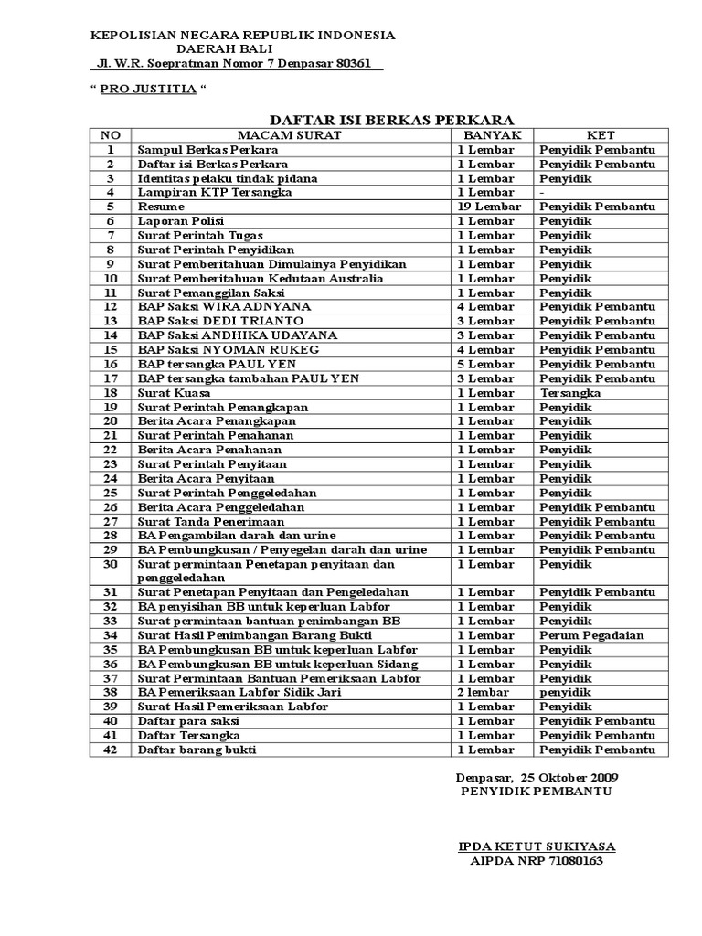 Daftar Isi Berkas Perkara | PDF