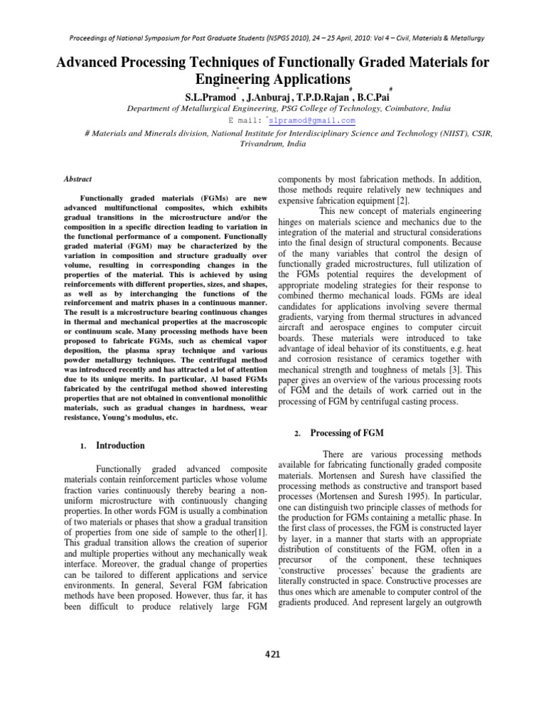 Advanced Processing Techniques of Functionally Graded Materials For Engineering Applications ...