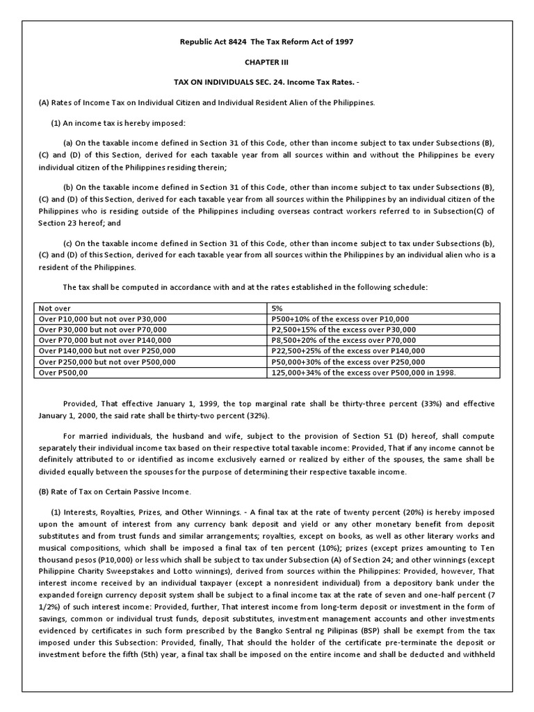 Republic Act 8424 The Tax Reform Act of 1997 TAX ON INDIVIDUALS SEC. 24 ...
