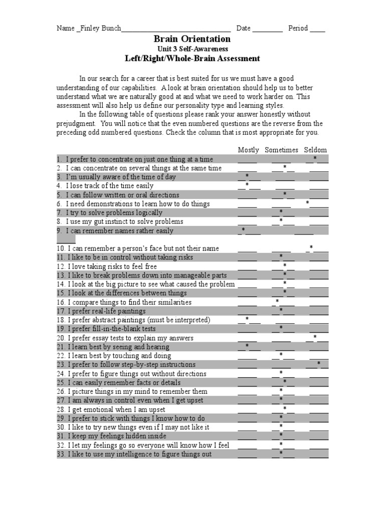 Brain Orientation: Left/Right/Whole-Brain Assessment | PDF | Learning ...